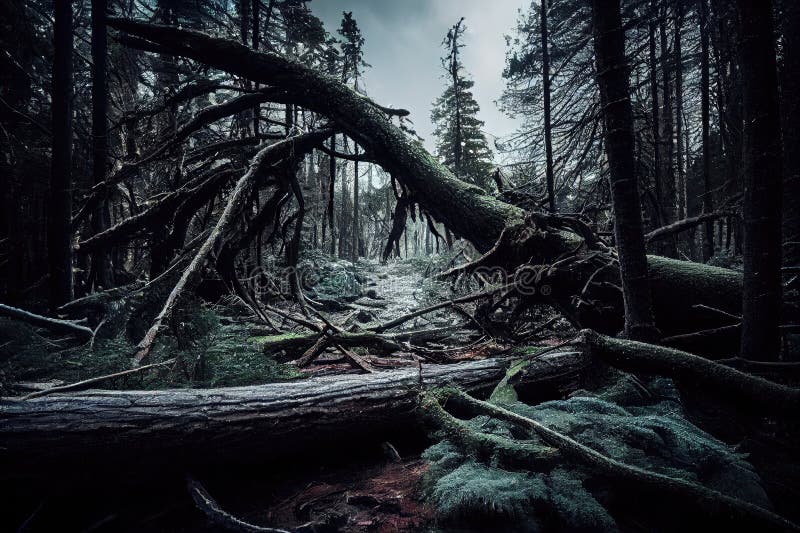 Large Fallen Trees and Branches after Hurricane in Forest Stock ...