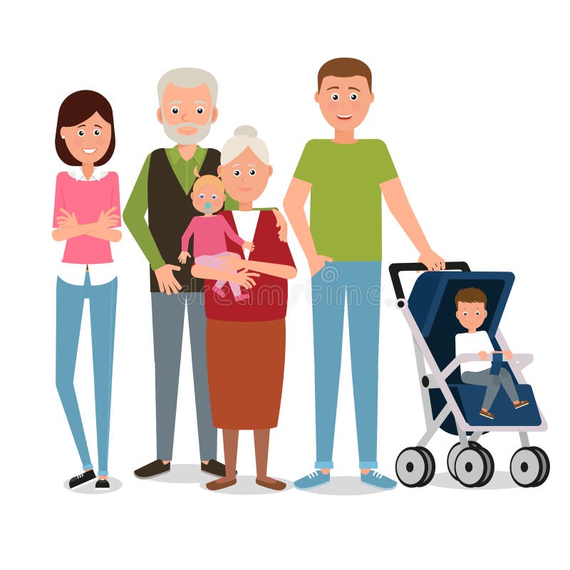 Large Family of Six People. Stock Illustration - Illustration of flat ...