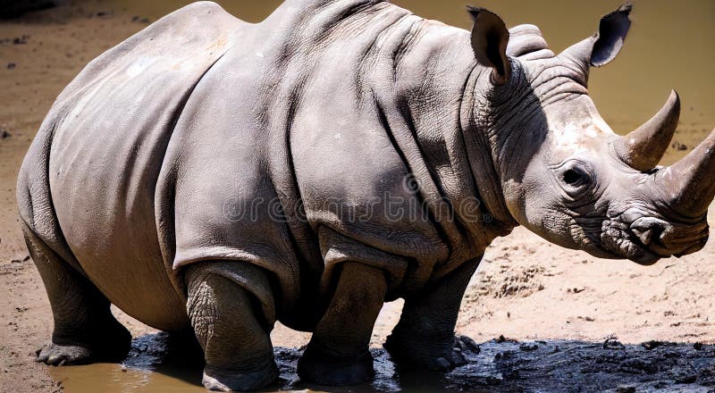 Large Fat Rhinoceros Stands with Its Powerful Paws in Muddy Puddle ...