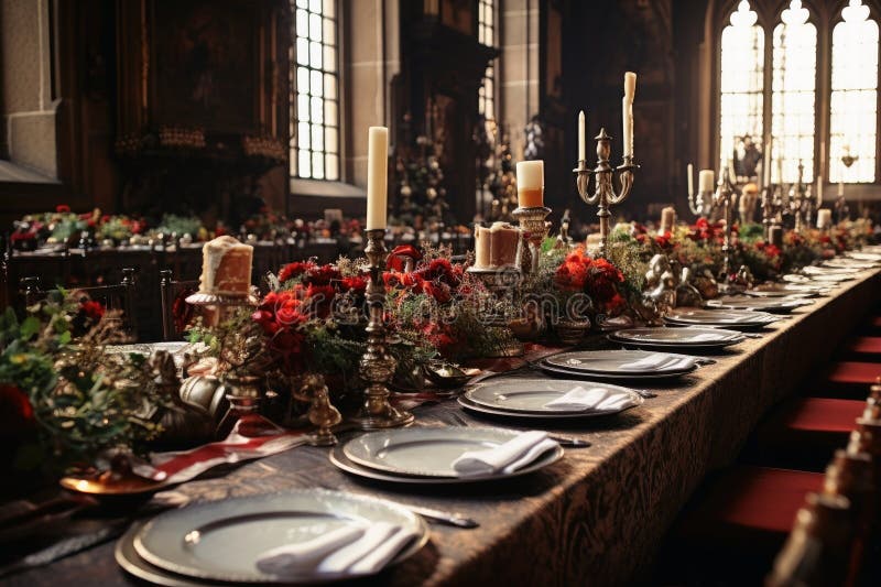 A Large Festive Table in a Castle Stock Illustration - Illustration of ...