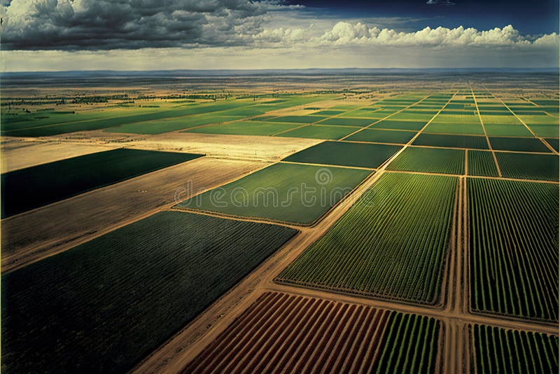 A Large Field of Crops Under a Cloudy Sky with a Plane Flying Over it ...