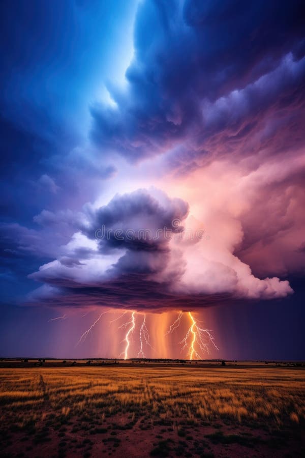A Large Field with a Lightning Storm in the Distance, AI Stock Image ...