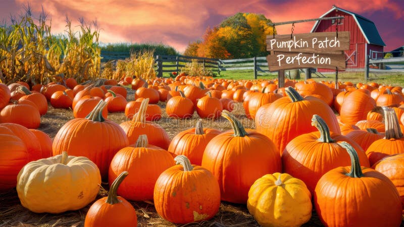A Large Field of Pumpkins with a Barn in the Background, AI Stock Image ...