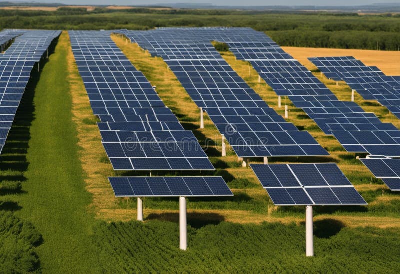 A Large Field with Rows of Solar Panels in Front of an Open Field Stock ...