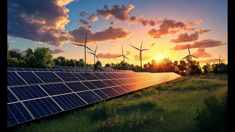 Large Field of Solar Panels, with a Beautiful Sunset in the Background ...