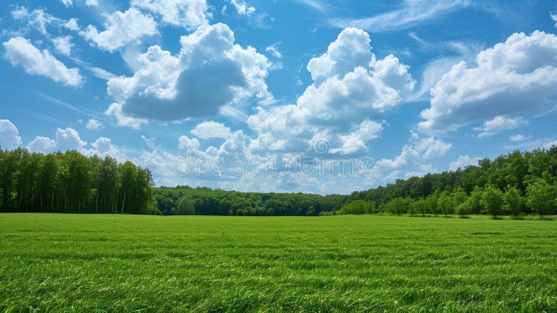 A Large Field with Trees and Clouds in the Sky, AI Stock Image - Image ...