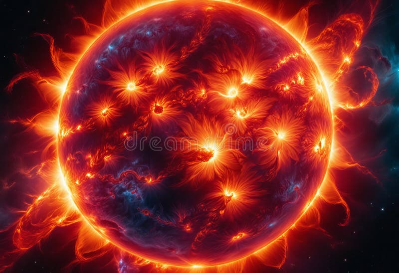 A Large, Fiery Red Sun with Intense Solar Flares Stock Illustration ...