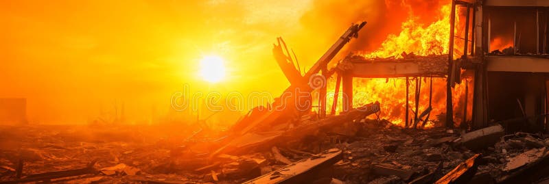 Devastating Fire Burning Down a Building at Sunset Stock Image - Image ...