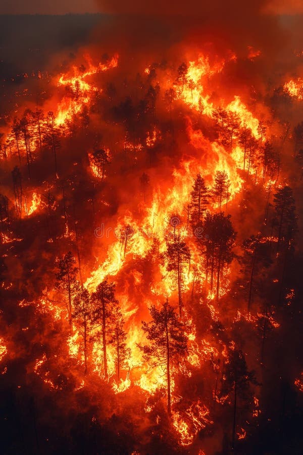 A Large Fire is Burning through a Forest Filled with Trees Stock Photo ...