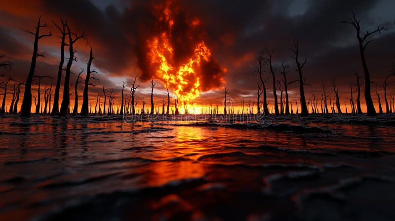 A Large Fire is Burning in the Middle of a Barren Landscape Stock Photo ...