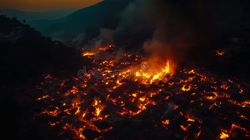 Large Fire Engulfing Industrial Plant at Dusk with Smoke Billowing into ...