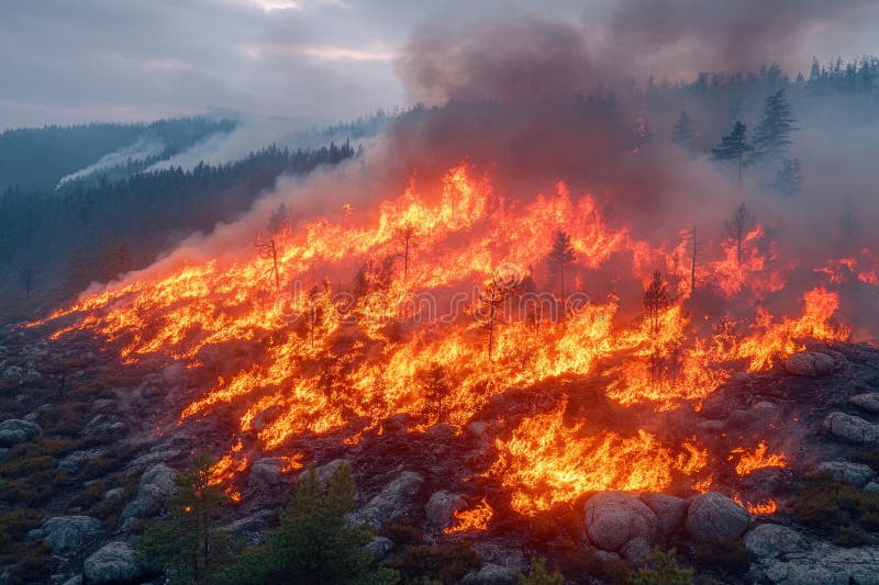 A Large Fire is Burning in the Middle of a Forest, Flames and Smoke ...
