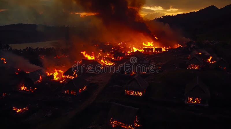 A Large Fire is Burning in the Middle of a Village Stock Photo - Image ...