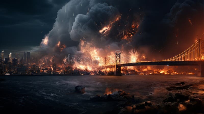 A Large Fire is Burning Near a Bridge Stock Image - Image of flames ...