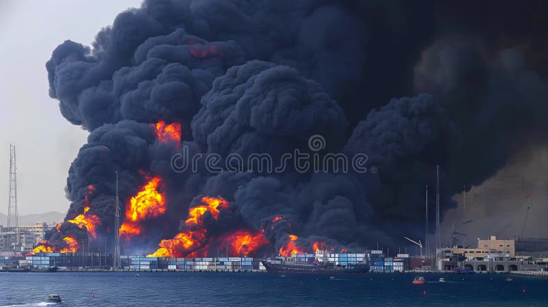 A Large Fire is Burning in the Water Stock Image - Image of vessel ...