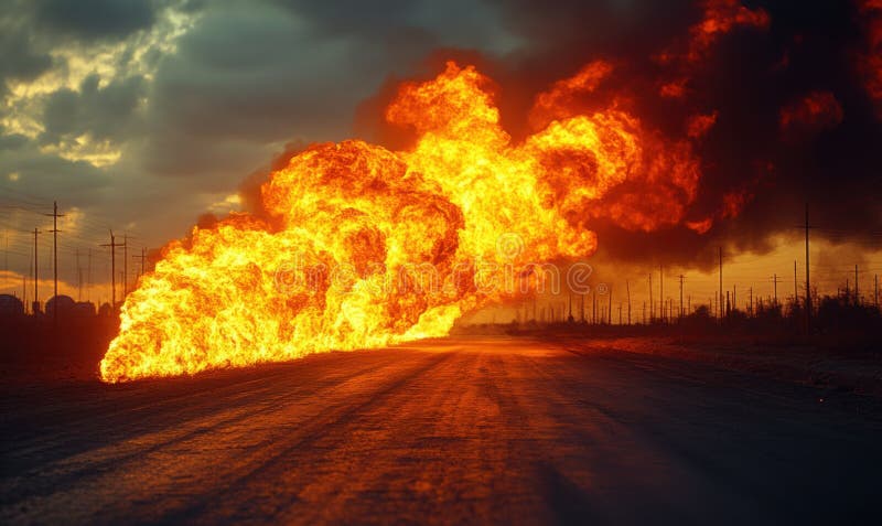 Large Fire Burns Along a Remote Road Surrounded by Smoke and Clouds ...