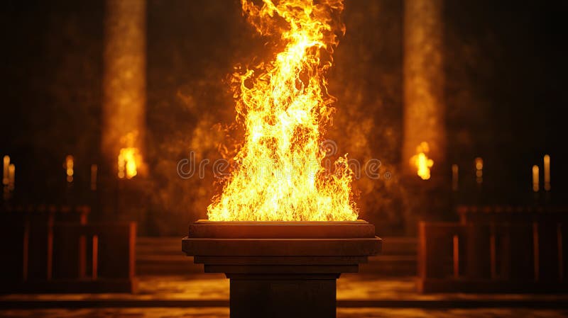 A Large Fire Burns Brightly on a Stone Altar in a Dimly Lit Ancient Temple, Surrounded by ...