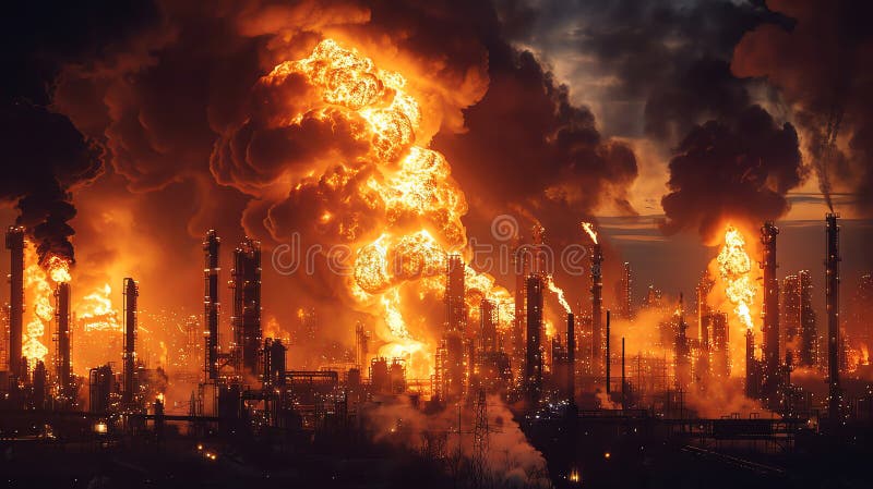 A Large Fire Engulfs an Industrial Complex, Billowing Smoke and Flames ...