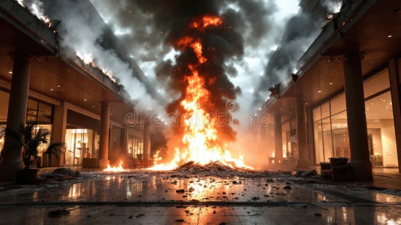 Large Fire Erupting in Shopping Mall with Smoke and Debris Stock Photo ...