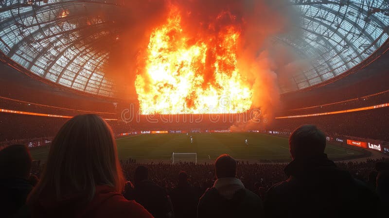 A Large Fire Erupts Behind the Goal during a Soccer Game, with ...