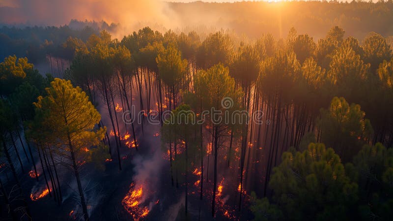 Large Fire in Tall Pine Forest with the Sun between the Trees. Natural ...