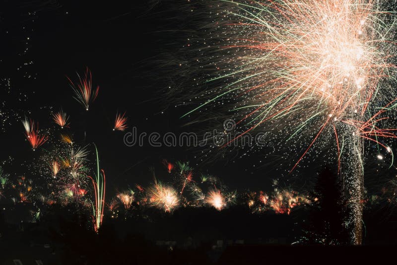 Large Firework Exploding in the Night Sky Over Trees in a Wooded Area ...
