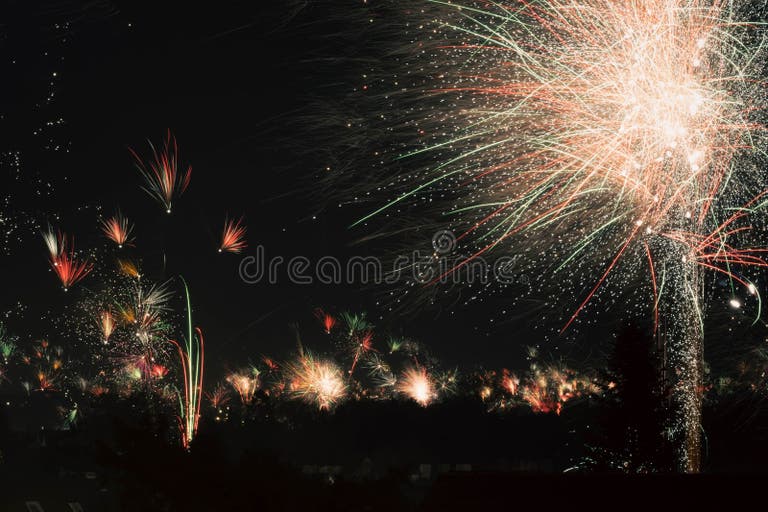 Large Firework Exploding in the Night Sky Over Trees in a Wooded Area ...