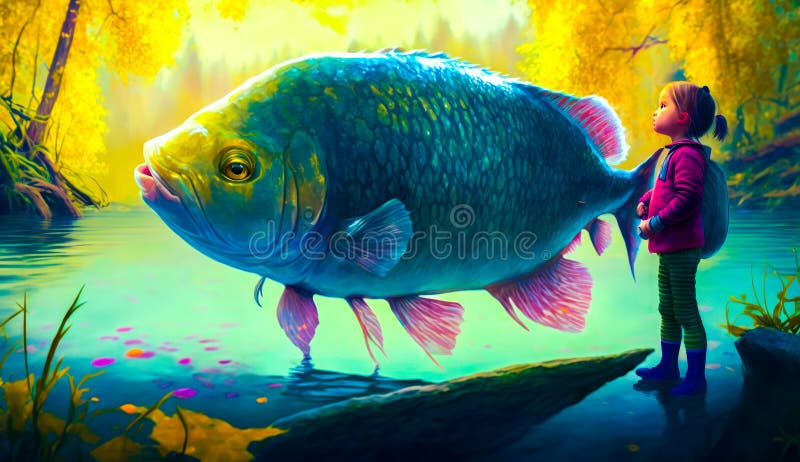 Large Fish Floating on Top of River Next To Tree Filled Forest ...