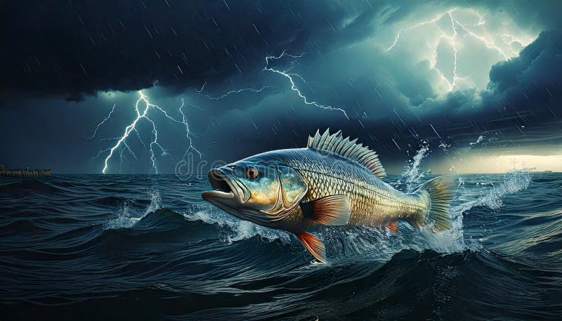 GENERATED IMAGE IA Large Fish Jumping during Storm with Lightning and ...