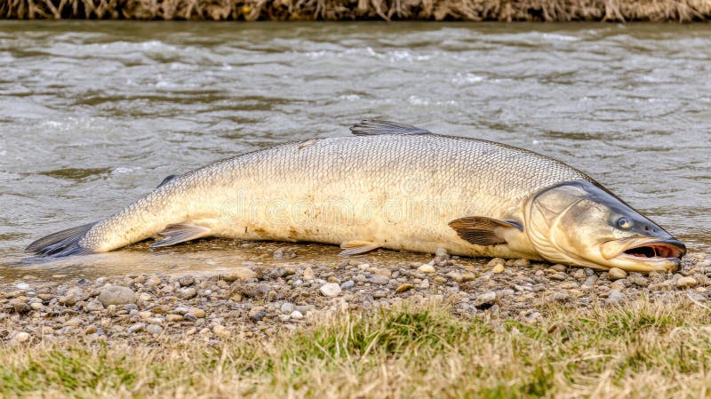 A Large Fish Laying on the Ground in a River, AI Stock Image - Image of ...