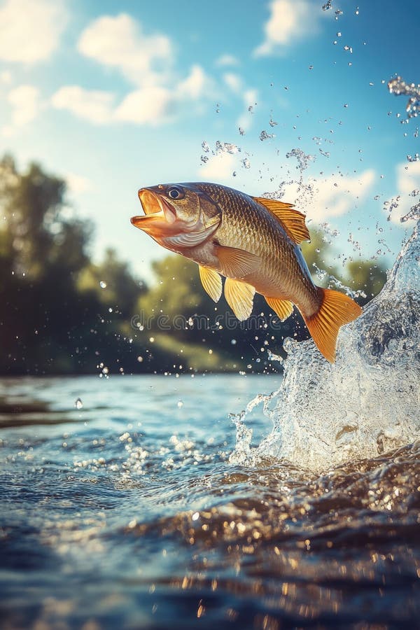 A Large Fish Leaps Out of the Water, Creating a Splash Stock Photo ...