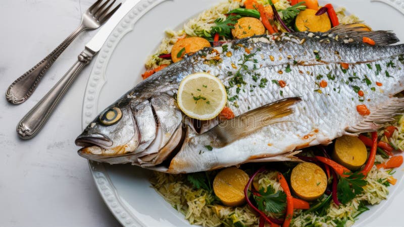 A Large Fish is on a Plate with Vegetables and Rice, AI Stock Photo ...