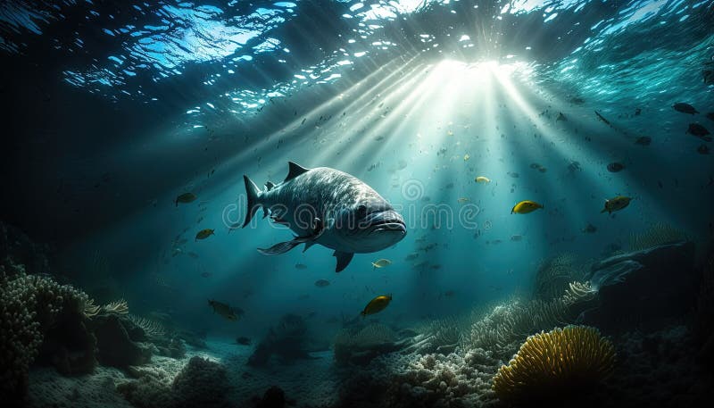 A Large Fish Swimming in the Ocean with Sunlight Streaming through the ...