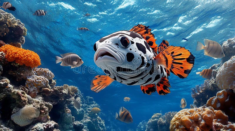 A Large Fish Swimming Over a Coral Reef with Many Fish Stock Image ...