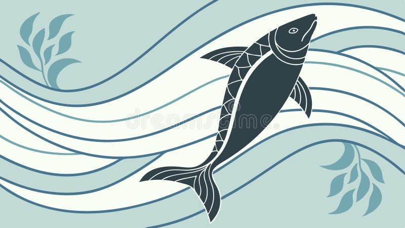 A Large Fish Swimming in Stylized Water with Leaf Patterns, Vector Art ...
