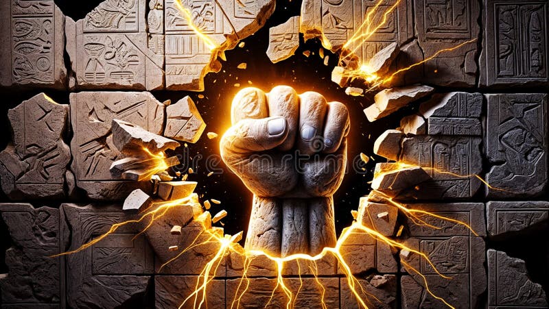 A Large Fist Made of Stone, Which is Breaking through a Stone Wall ...