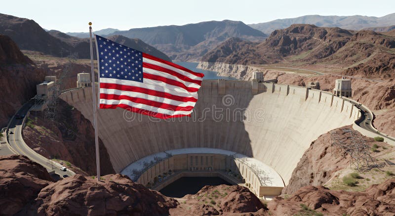 American Flag Over Hoover Dam Nevada USA Dramatic Landscape Stock ...