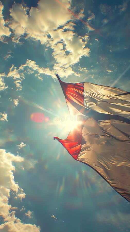 A Large Flag is Flying in the Sky with the Sun Shining Stock Photo ...