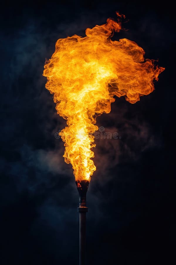 A Large Flame Erupts from a Torch in a Darkened Space, Creating a ...