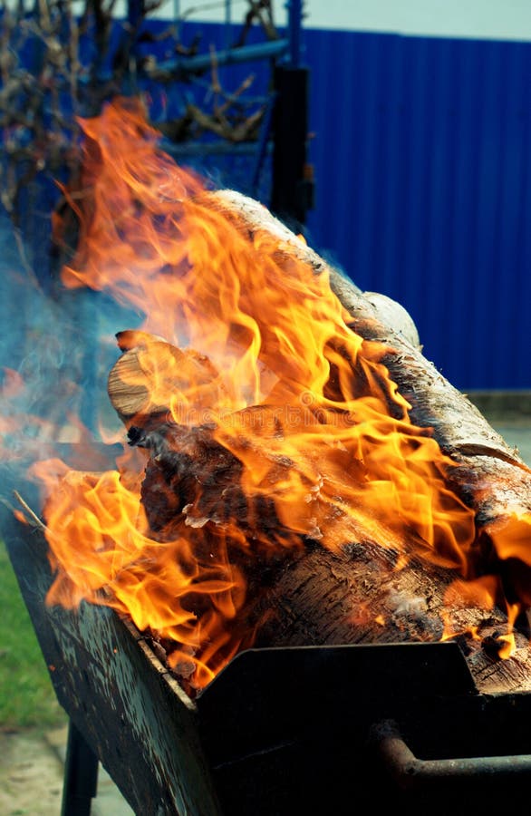 Large Flame of Fire from Firewood in the Grill. Stock Image - Image of ...