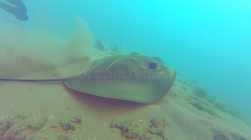 A Large, Flat Ray Lies on a Sandy Seabed with a Diver in the Background ...