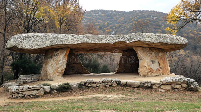 A Large, Flat, Rock Formation Stands Alone in a Field. the Rock is ...
