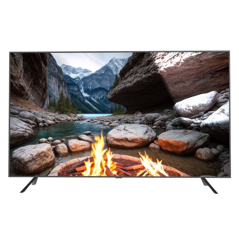 A Large Flat Screen Television Shows a Mountain Range with a River ...