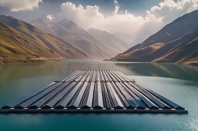 A Large Floating Solar Panel Array on a Lake Surrounded by Mountains ...