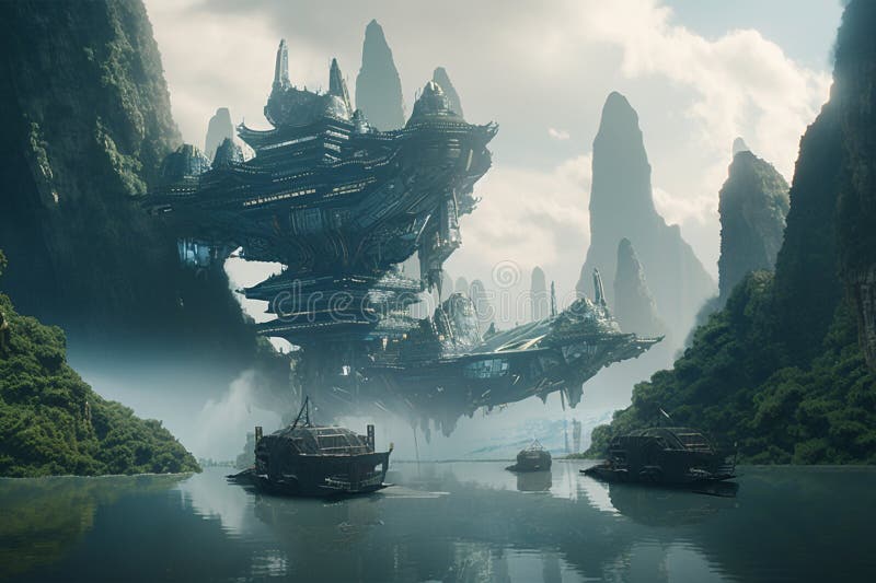 A Large Floating Structure Over Water with Boats in Front of Mountains ...