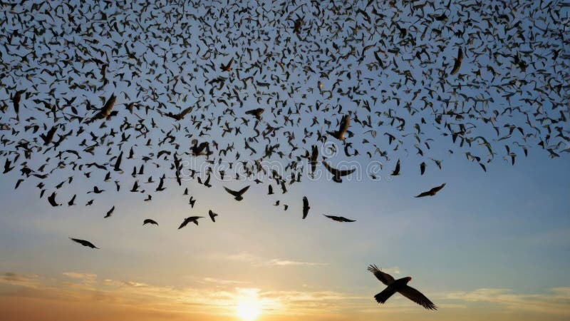 A Large Flock of Birds Flies in Formation Against a Sunset Sky Stock ...