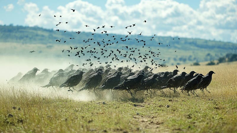 A Large Flock of Birds Taking Flight from a Dusty Field, Creating a ...