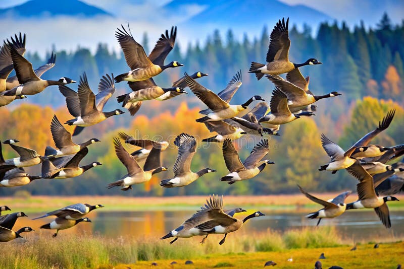 Large Flock of Migrating Canada Geese Stock Illustration - Illustration ...