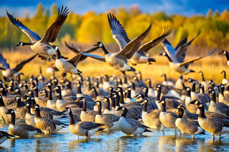 Large Flock of Migrating Canada Geese Stock Illustration - Illustration ...