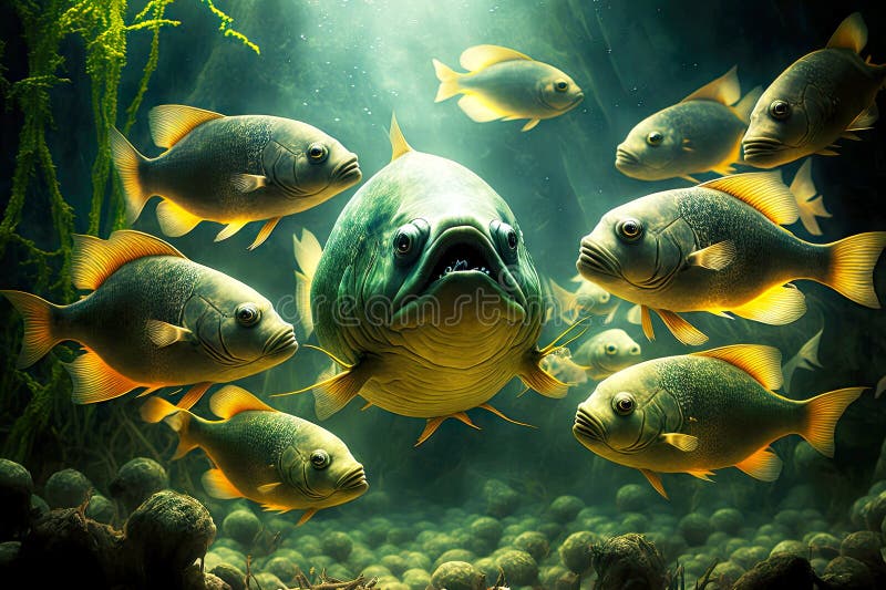 Large Flock of Small and Large Piranhas Swims among Algae Stock ...